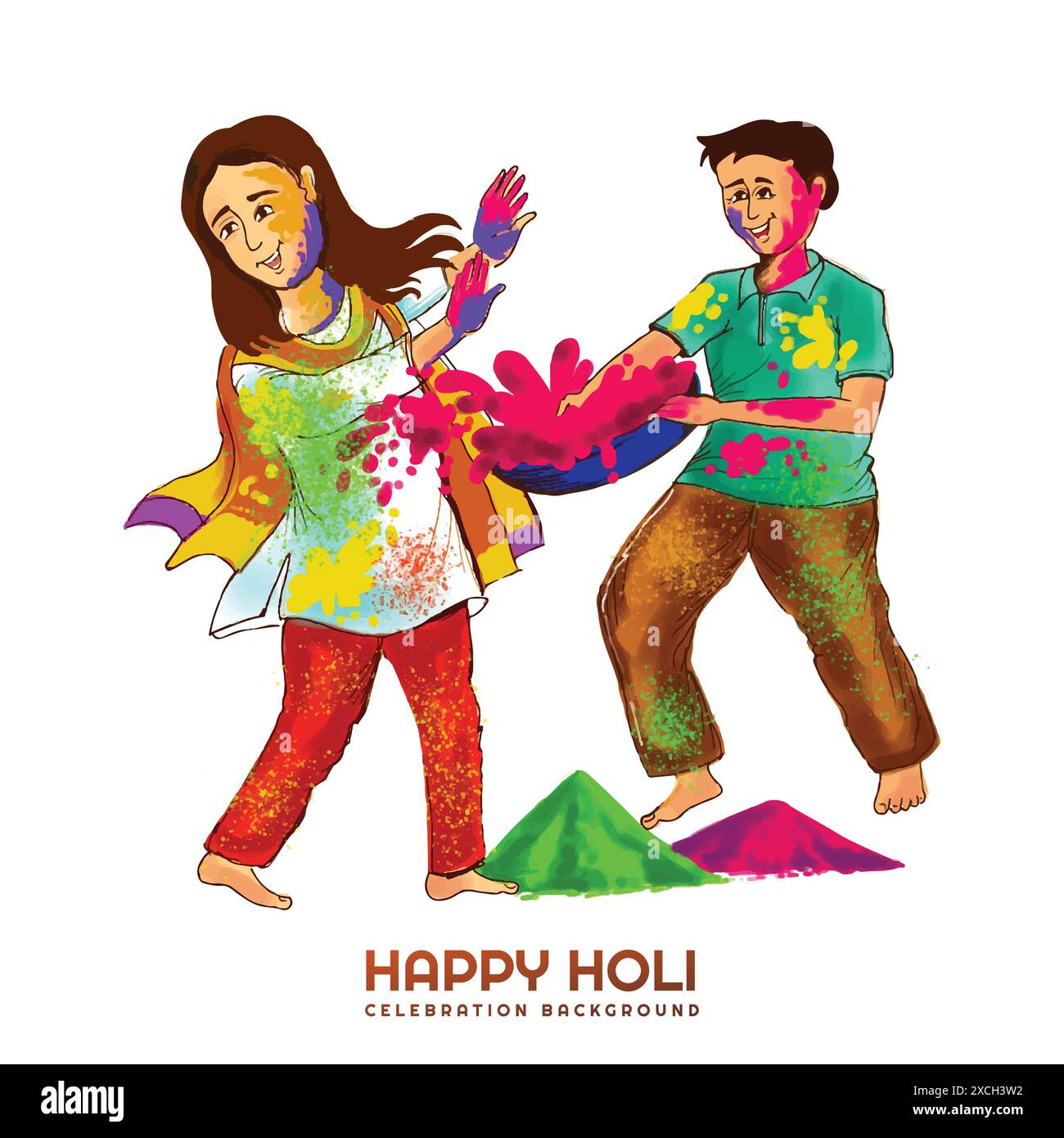 Hand draw fun characters celebrate colorful holi card background Stock ...