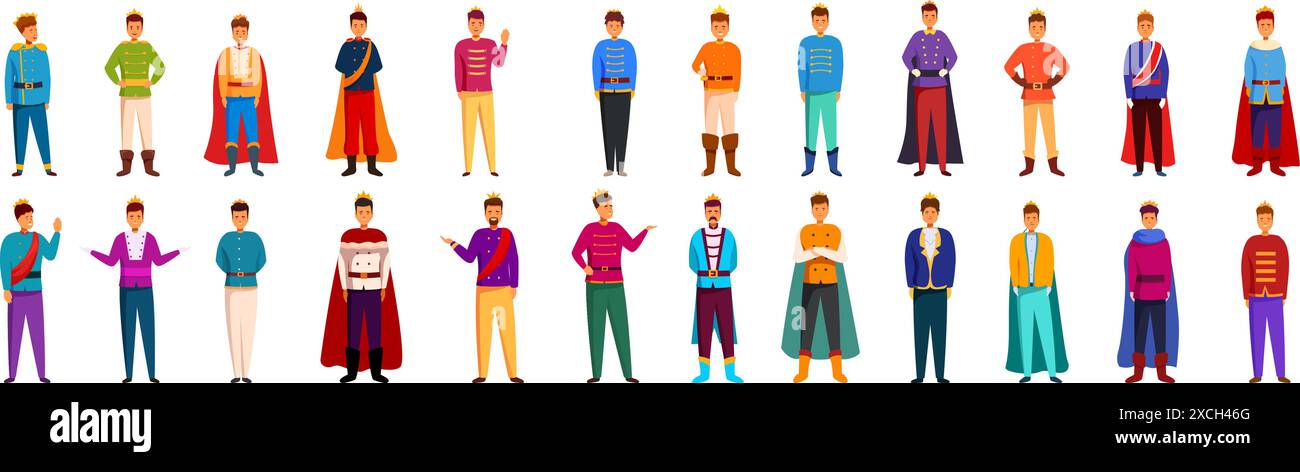 Prince character icons set. Set of prince characters posing in ...