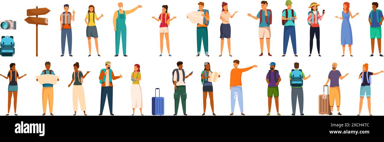 Tourist ask icons set. Diverse group of people traveling together ...