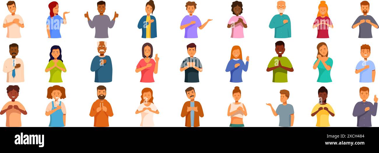 Sincere character icons set. Diverse group of people is holding their ...