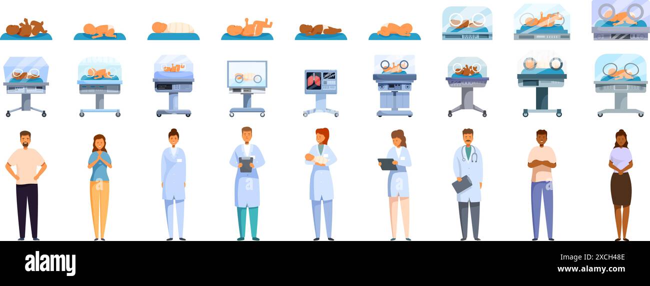 Incubator baby icons set. Set of doctors and nurses working in neonatal ...