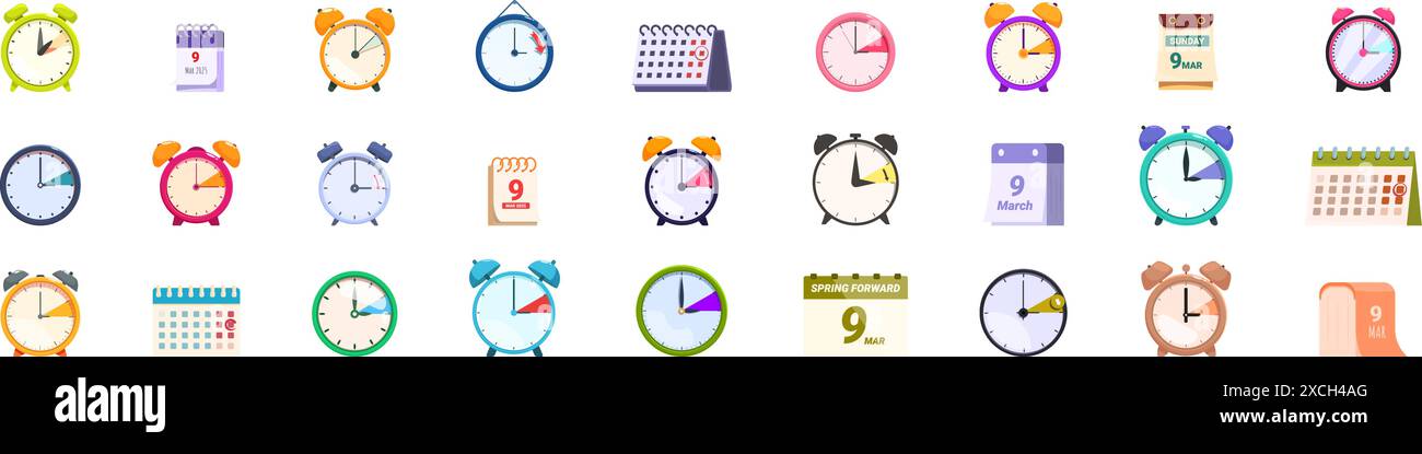 Spring forward icons set. Set of alarm clocks and calendars showing ...
