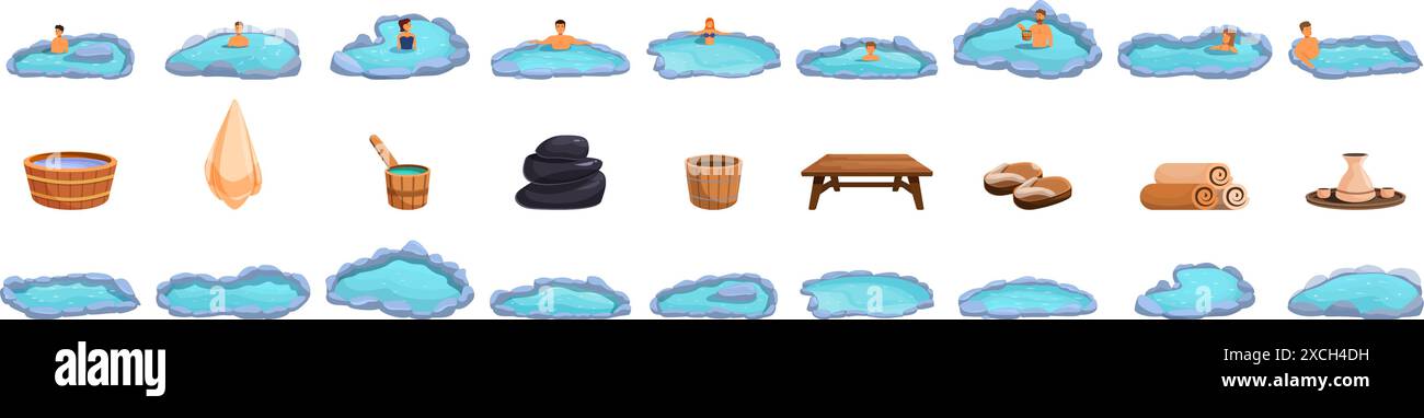 Japanese onsen icons set. People enjoying onsen, a traditional japanese ...