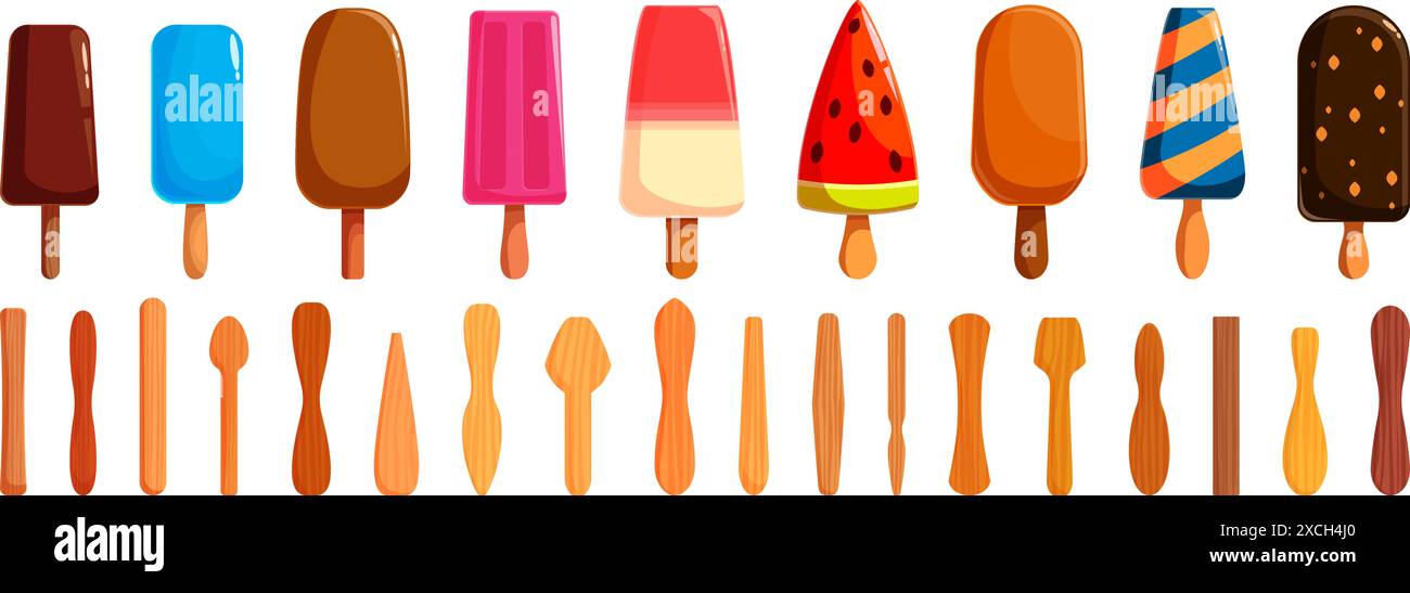 Popsicle stick icons set. Colorful set of various ice cream flavors ...
