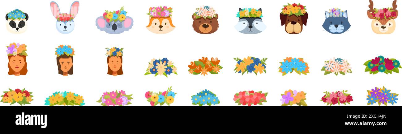 Flower crown icons set. Set of various cute animals and young women ...