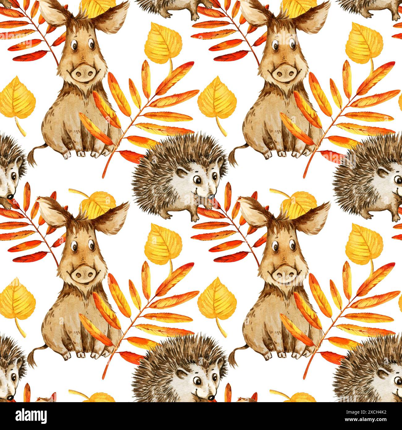 watercolor cartoon cute hedgehog and hog with autumn leaves, hand drawn ...