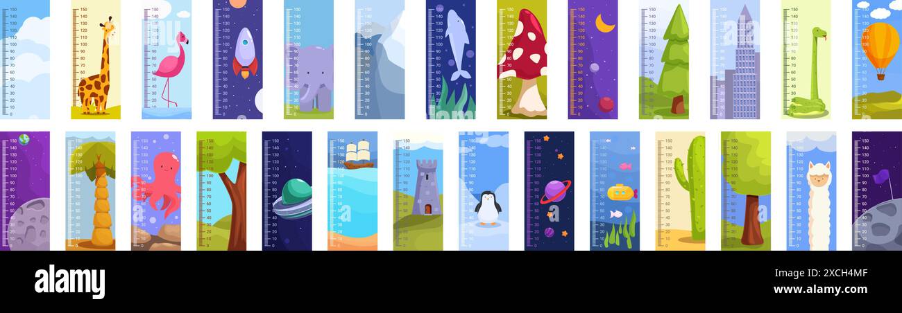 Growth ruler icons set. Collection of colorful kids height charts with ...