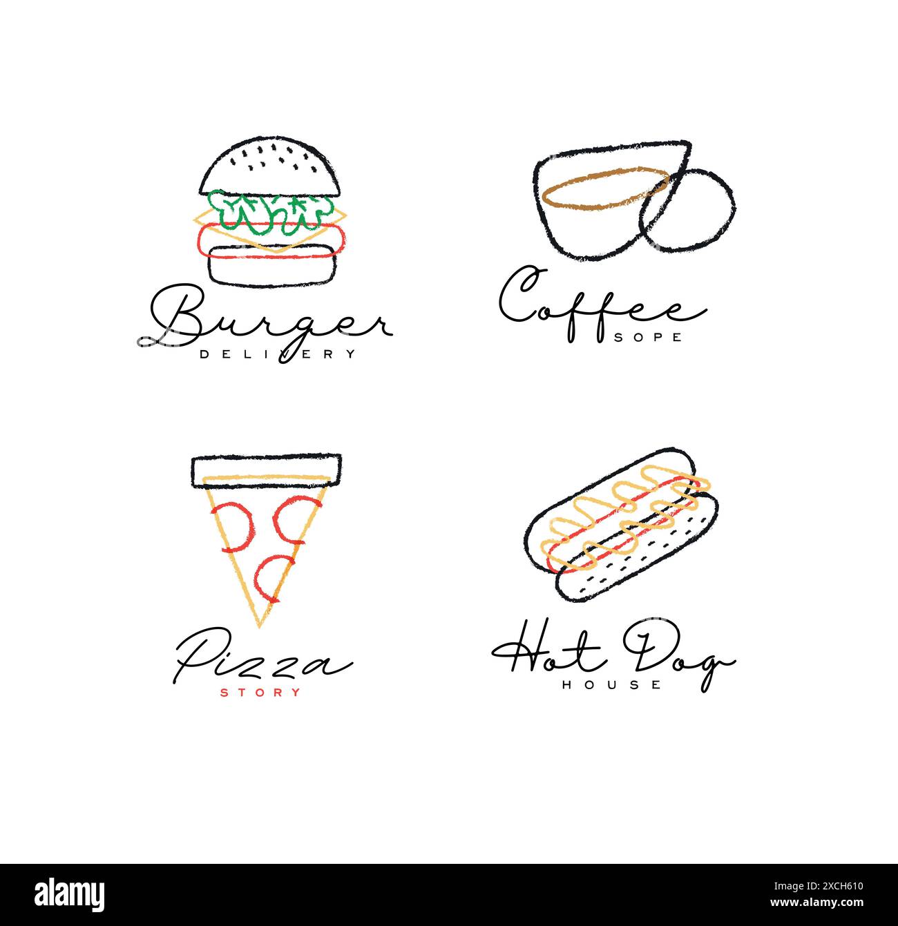Fast food symbols cup of coffee, burger, slice of pizza, hot dog with ...