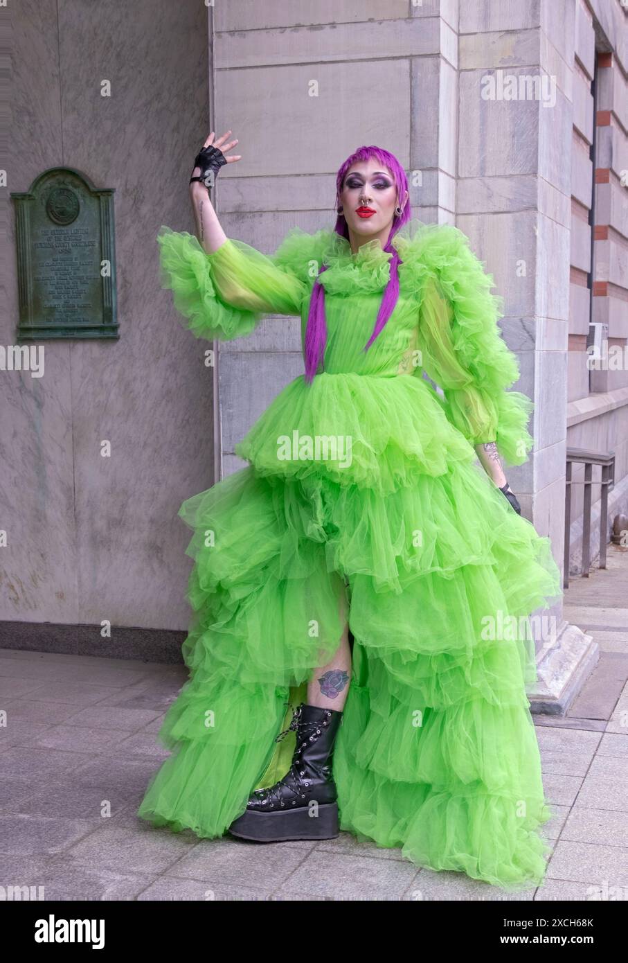 A slender tall man in drag wearing an ornate green dress & purple hair ...