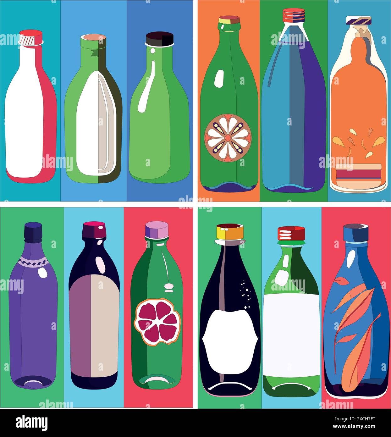 Set of abstract bottles of different shapes and decorations Stock ...