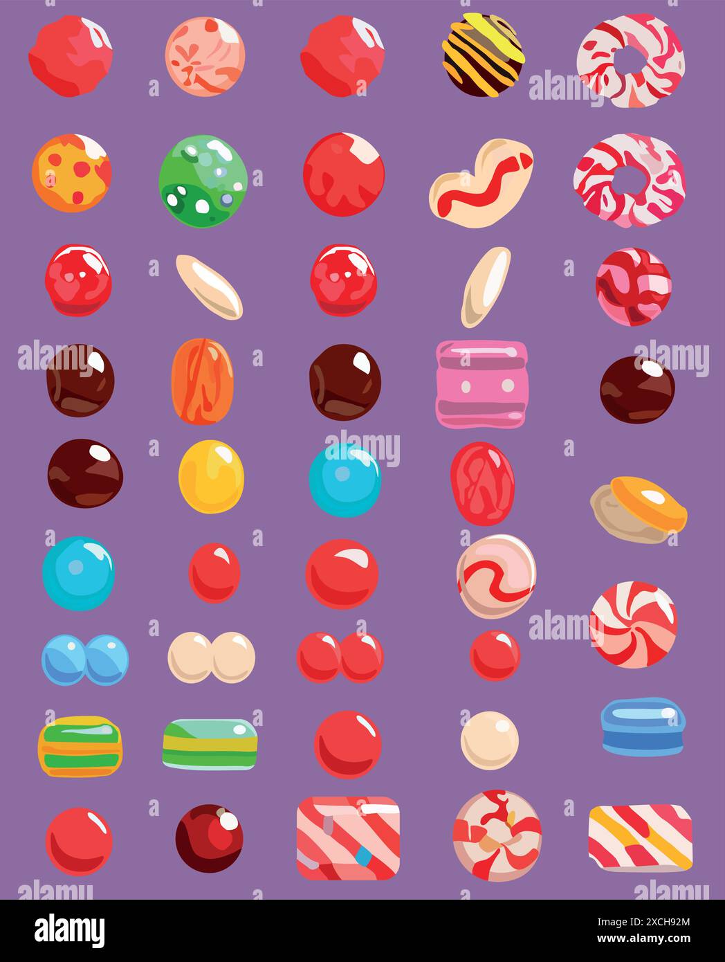 Abstract candies of different shapes, sizes and colors, on a purple ...