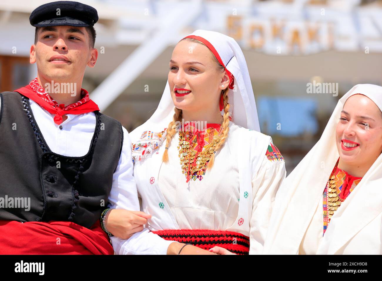 Traditional Greek dancers during the recording of a television ...