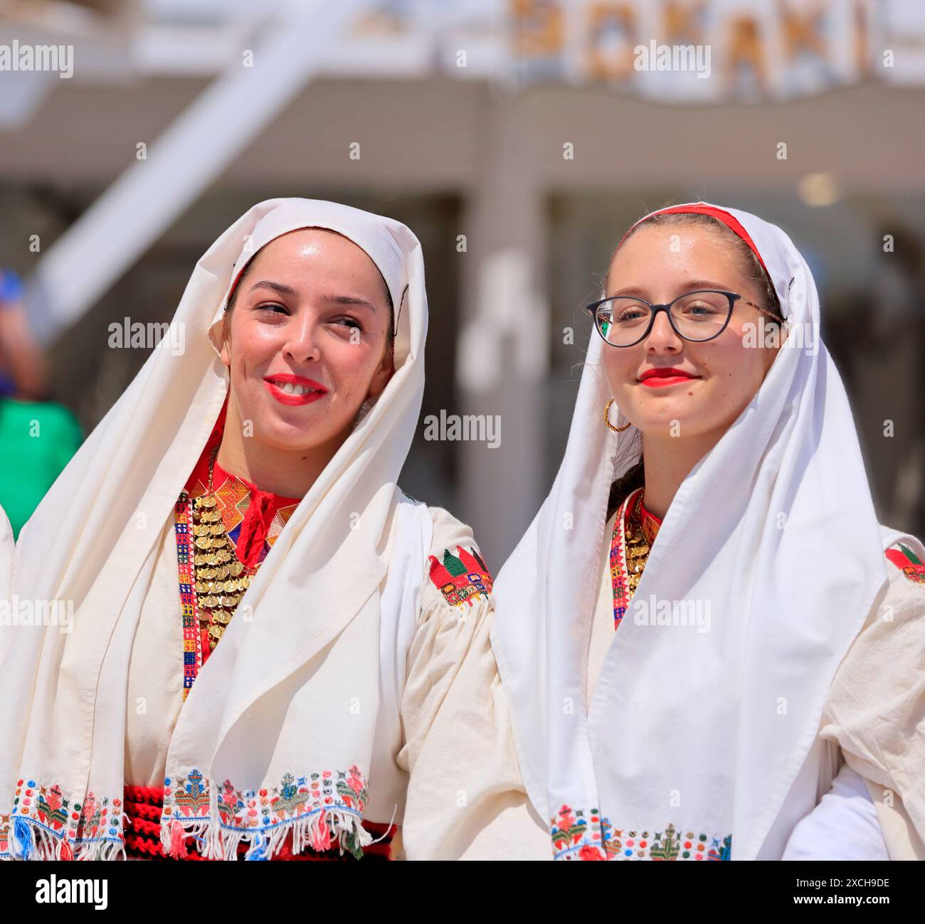 Traditional Greek dancers during the recording of a television ...