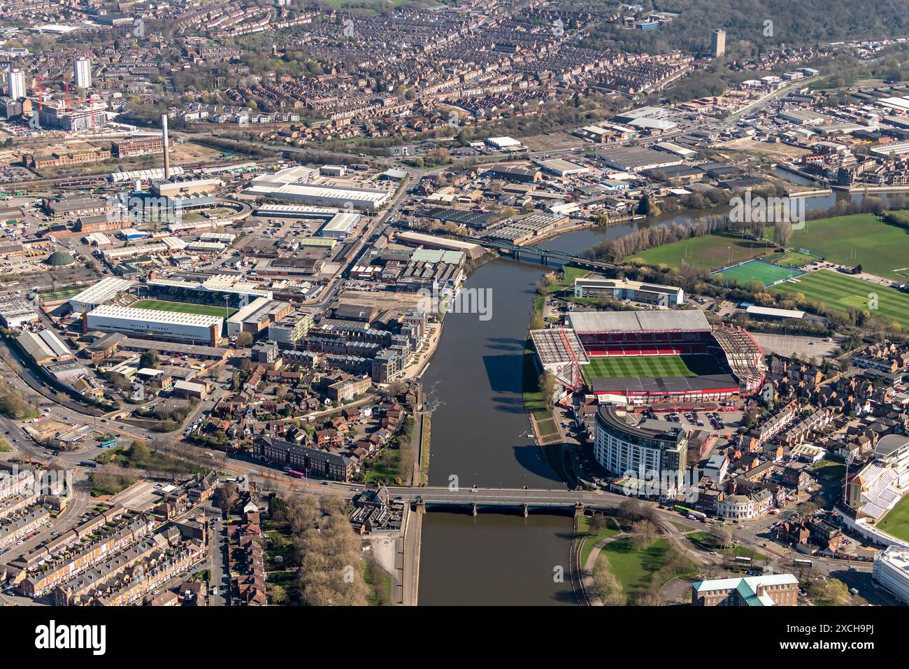 Aerial photo of nottingham`s football stadiums each side of the river ...