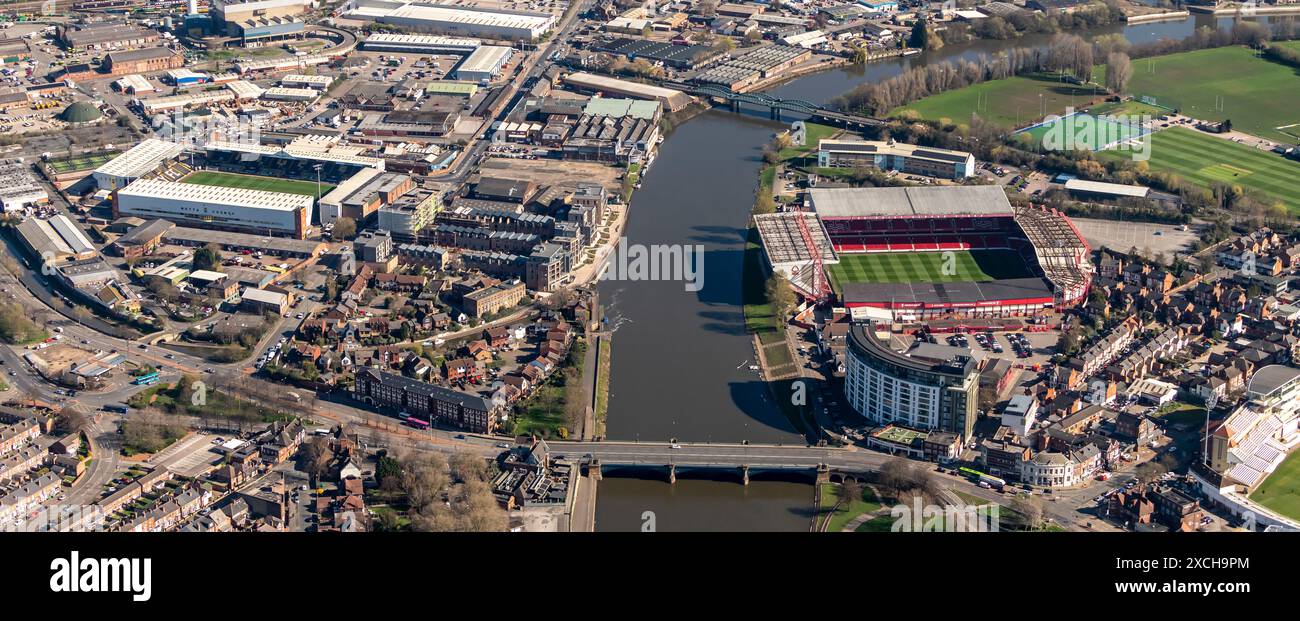 Aerial photo of nottingham`s football stadiums each side of the river ...
