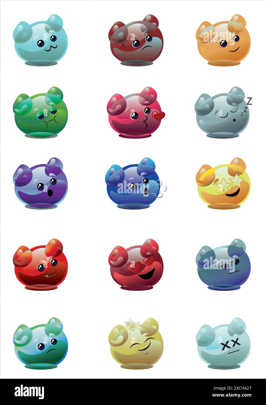 Slime smiley of different colors and different emotions on a white ...