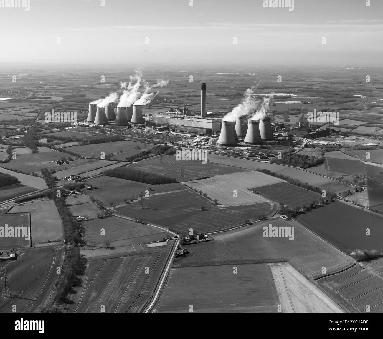 Aerial photo of Drax Power Station with cooling towers billowing steam taken from 1500 feet ...