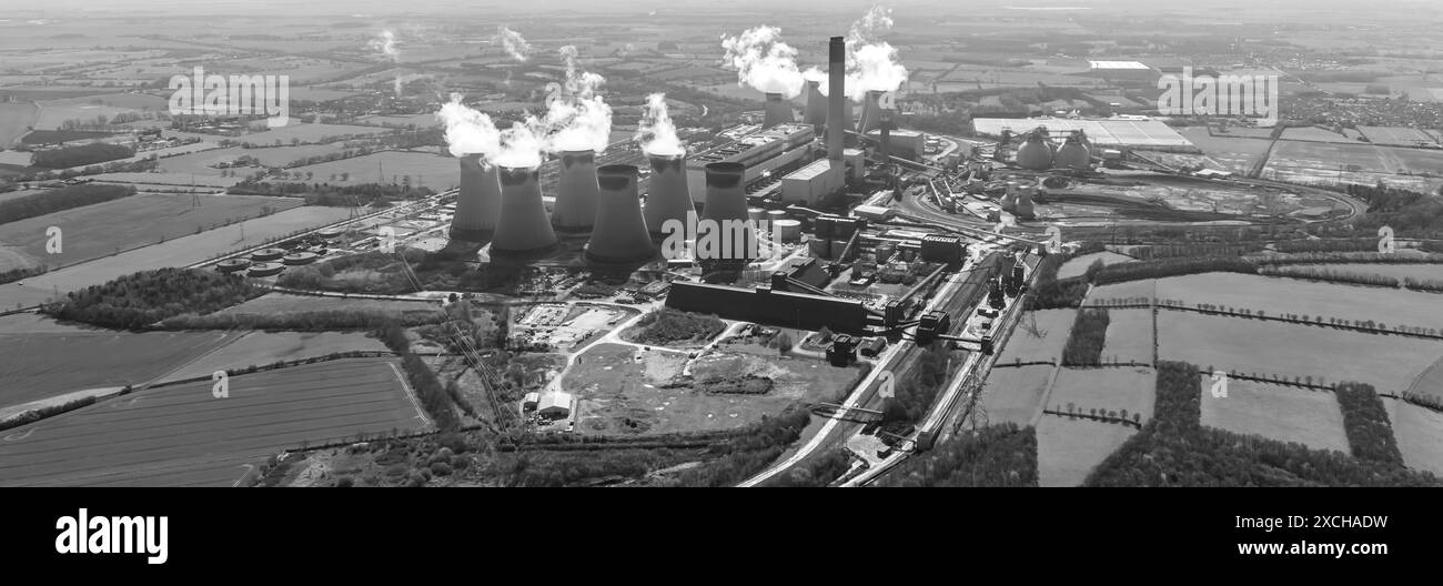 Aerial photo of Drax Power Station with cooling towers billowing steam taken from 1500 feet ...