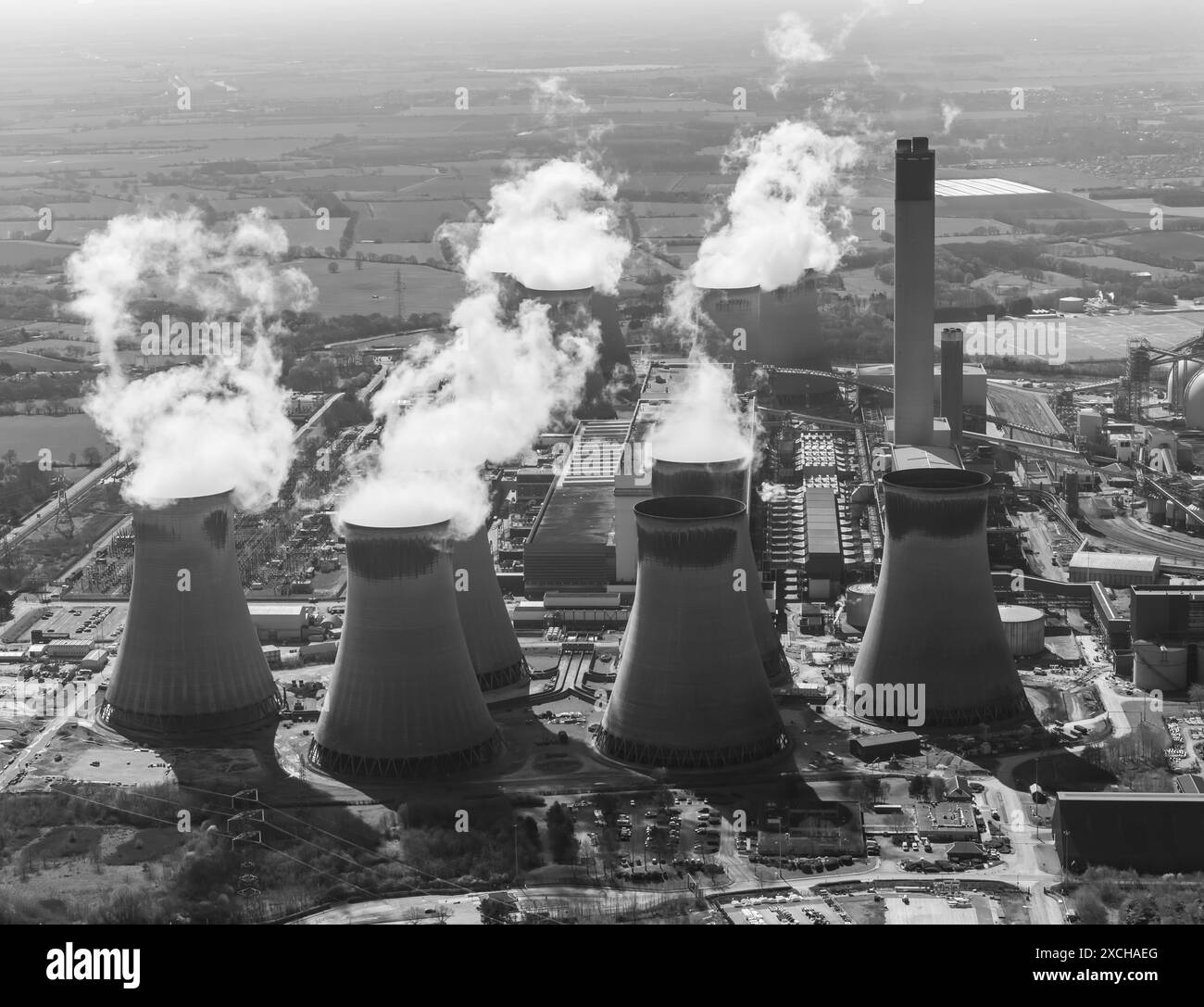 Aerial photo of Drax Power Station with cooling towers billowing steam ...