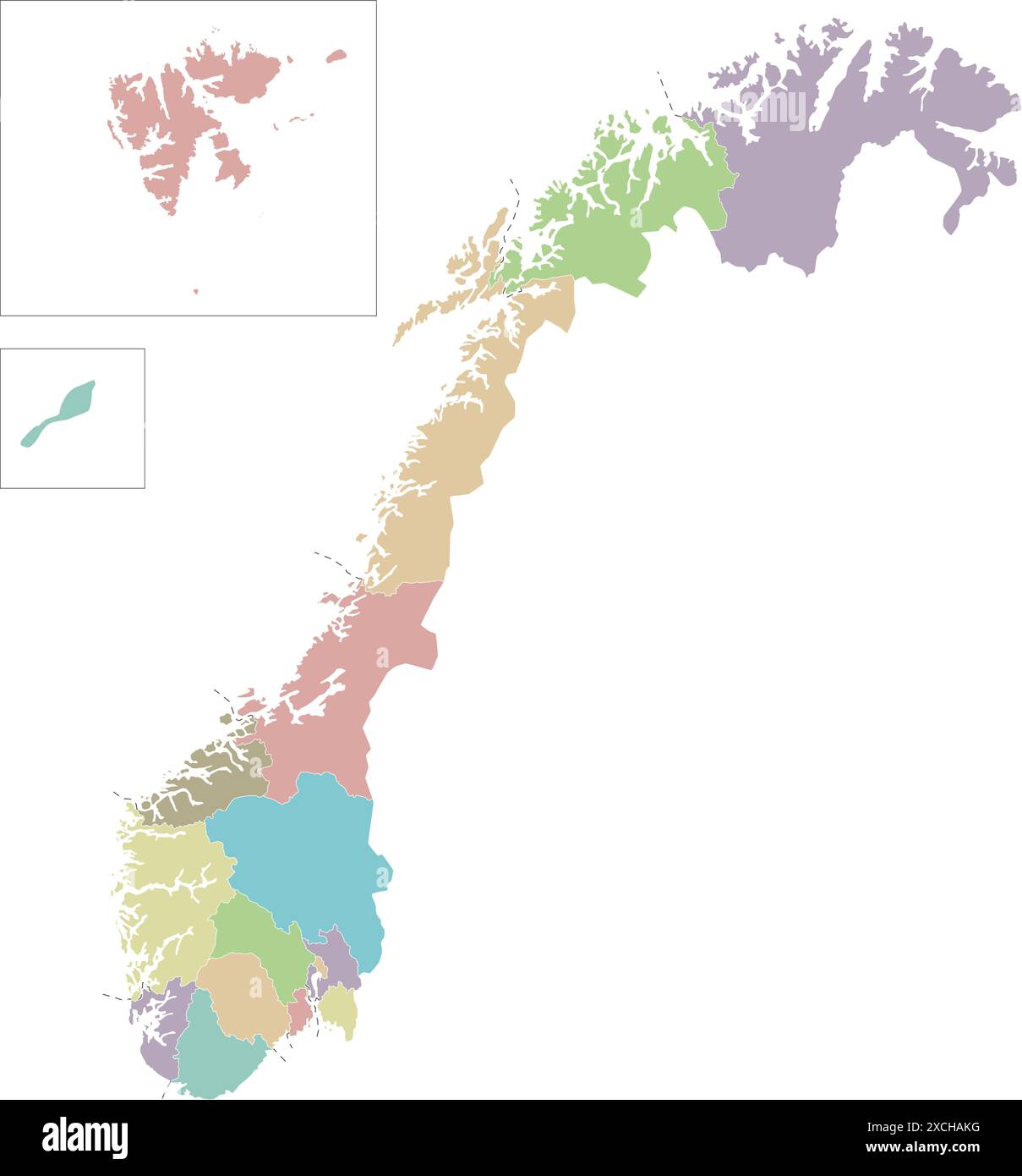 Vector regional blank map of Norway with counties and territories, and administrative divisions ...