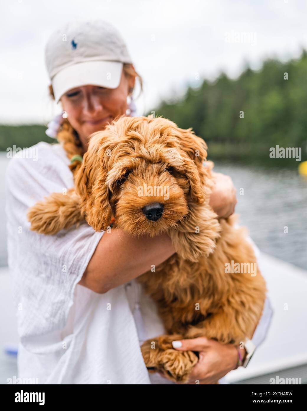 Puppy and its owner on a lake Stock Photo - Alamy