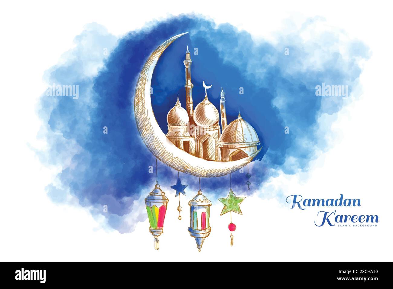 Ramadan kareem islamic moon and mosque sketch card background Stock ...