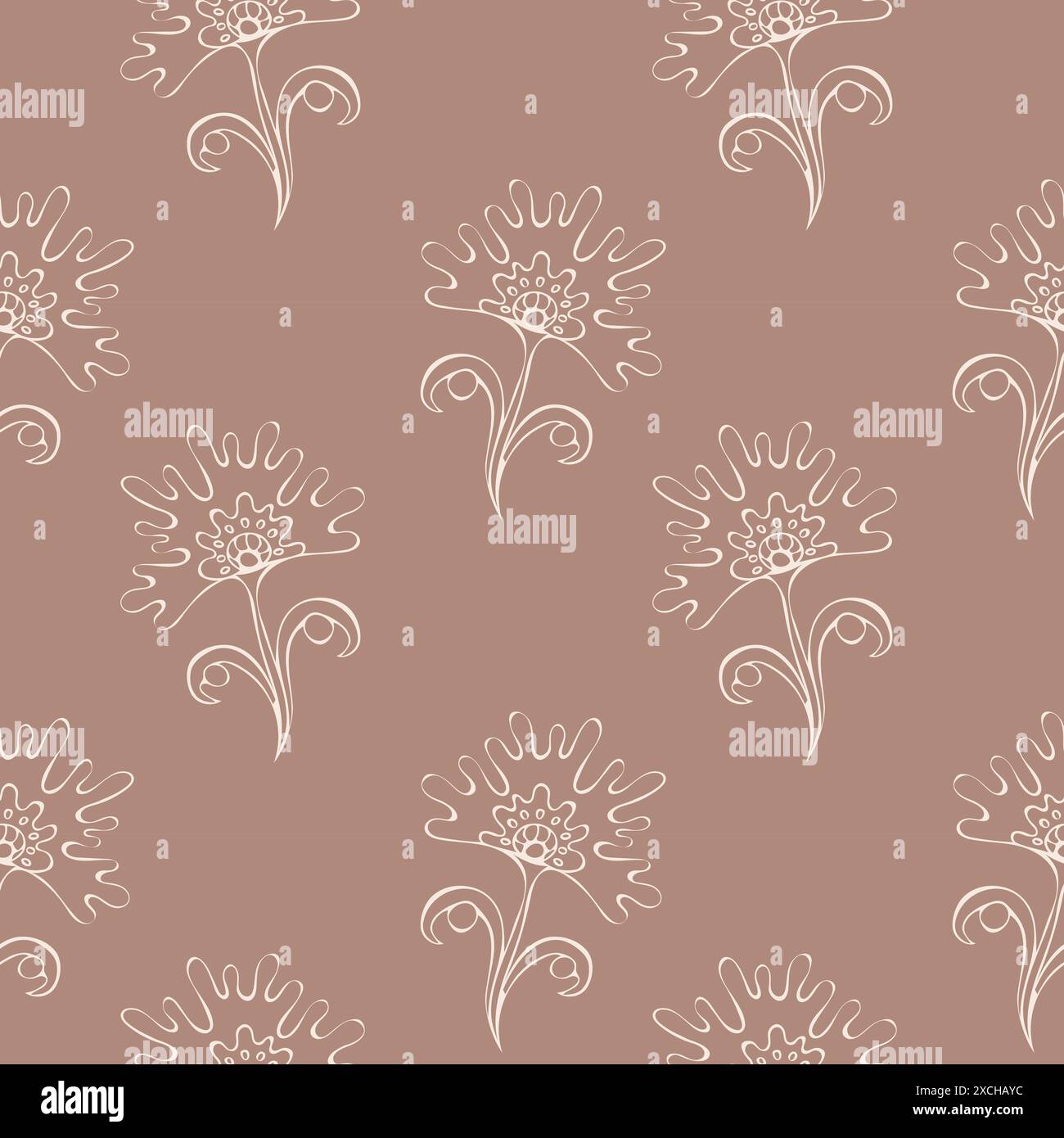 Flowers contour pattern, hand drawn white doodle on brown background ...