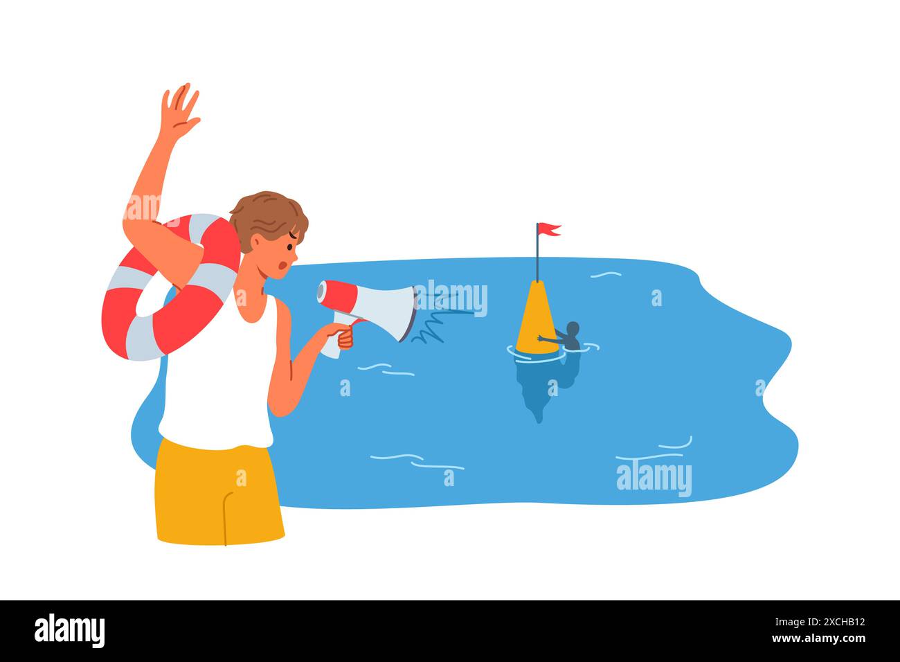 Man lifeguard waves hand to drowning man and holds lifebuoy ...