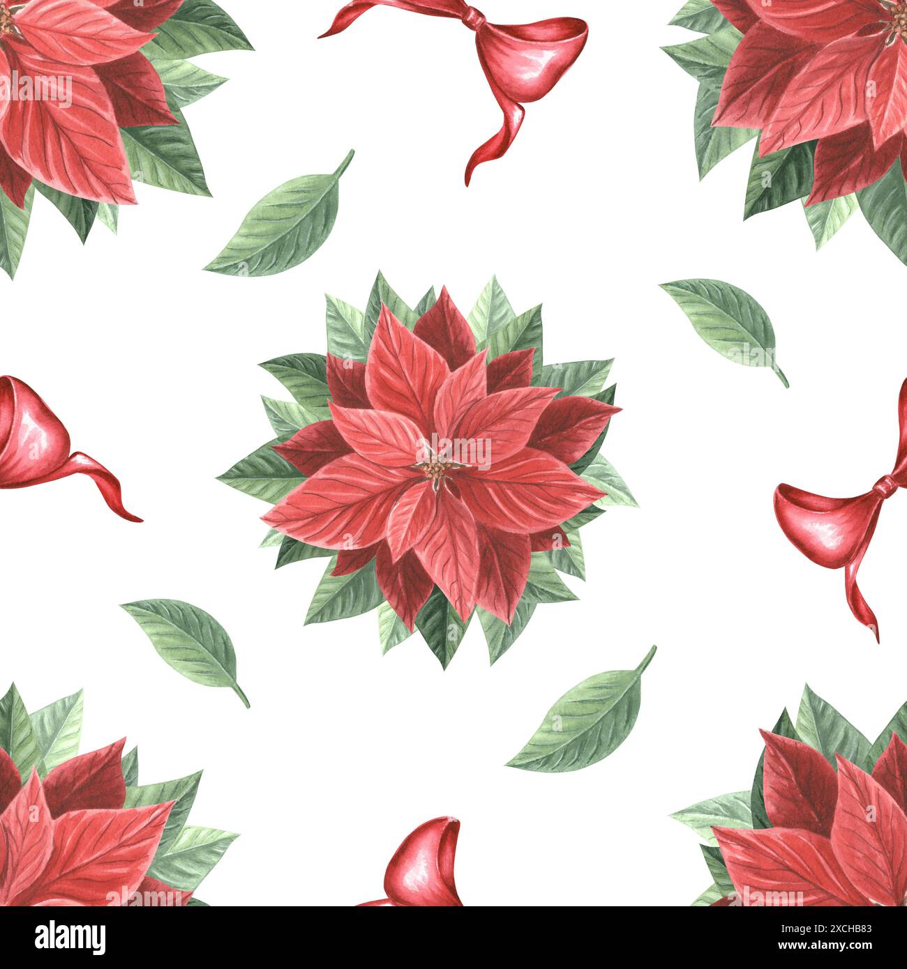Poinsettia red flowers with leaves and bow. Christmas seamless pattern ...