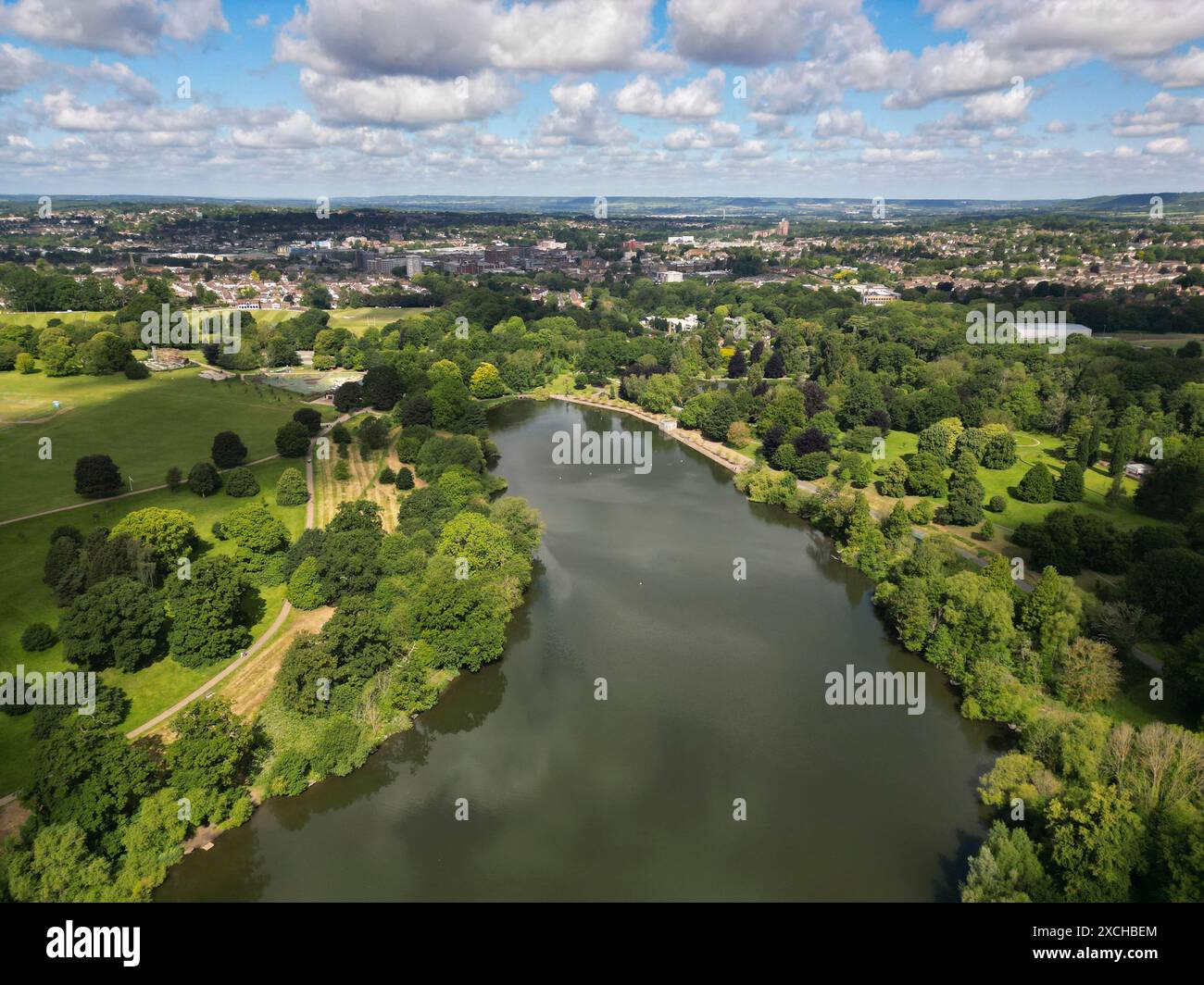 Maidstone, Kent, UK. Drone view above Mote Park looking North West over ...