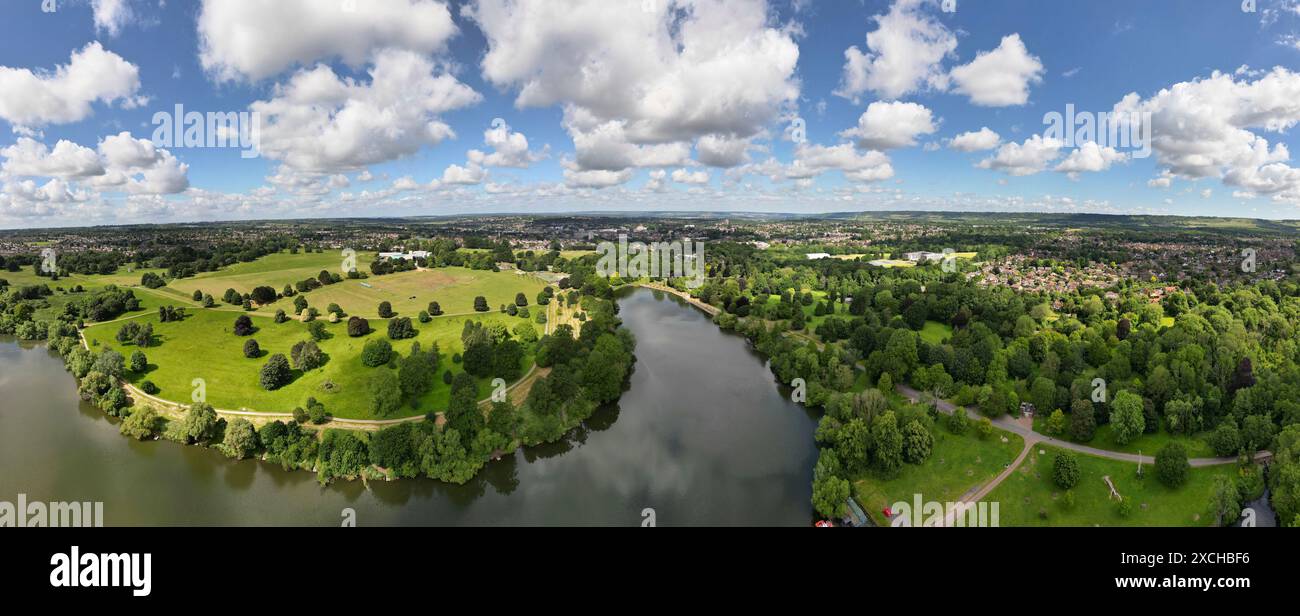 Maidstone, Kent, UK. Drone view above Mote Park looking North West over ...
