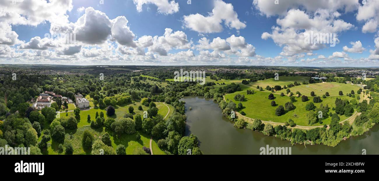 Maidstone, Kent, UK. Drone view above Mote Park looking West over the ...