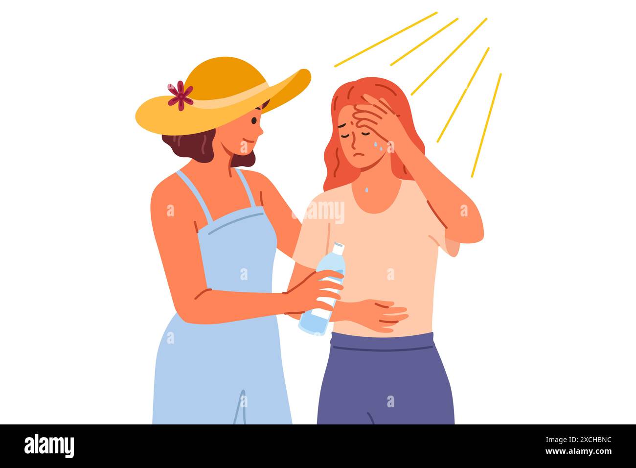 Woman who suffered sunstroke in hot weather stands near friend with ...