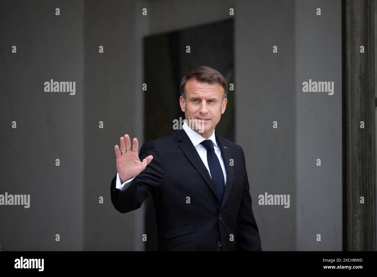 French President Emmanuel Macron gestures at Elysee Palace in Paris on ...