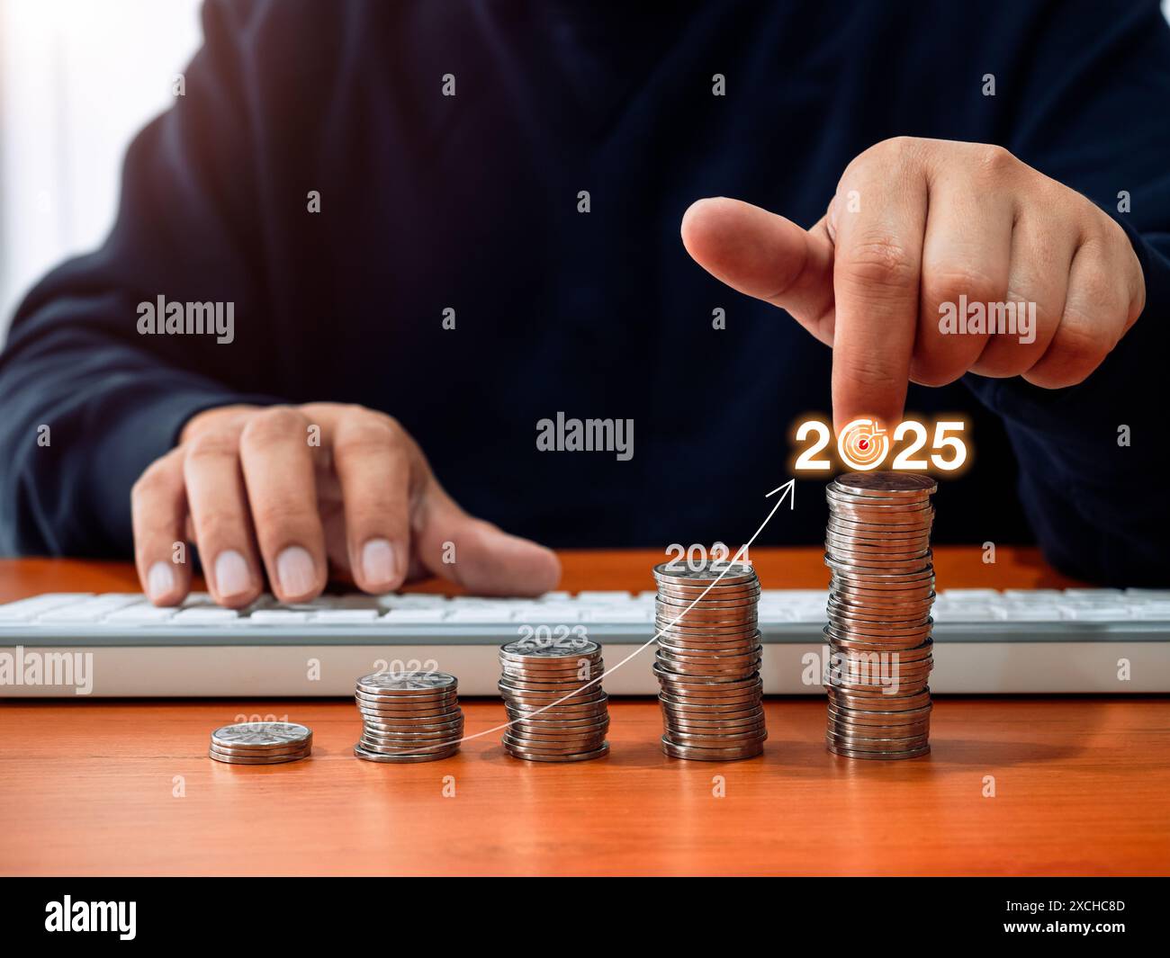 Happy new year 2025, business growth, investment, profit, savings money ...