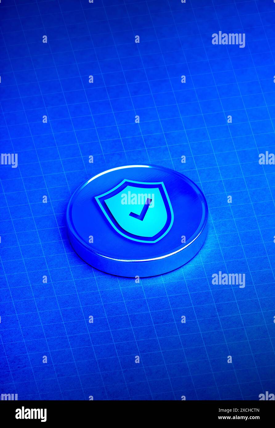 3d shield padlock on round chrome button on dark blue background with ...