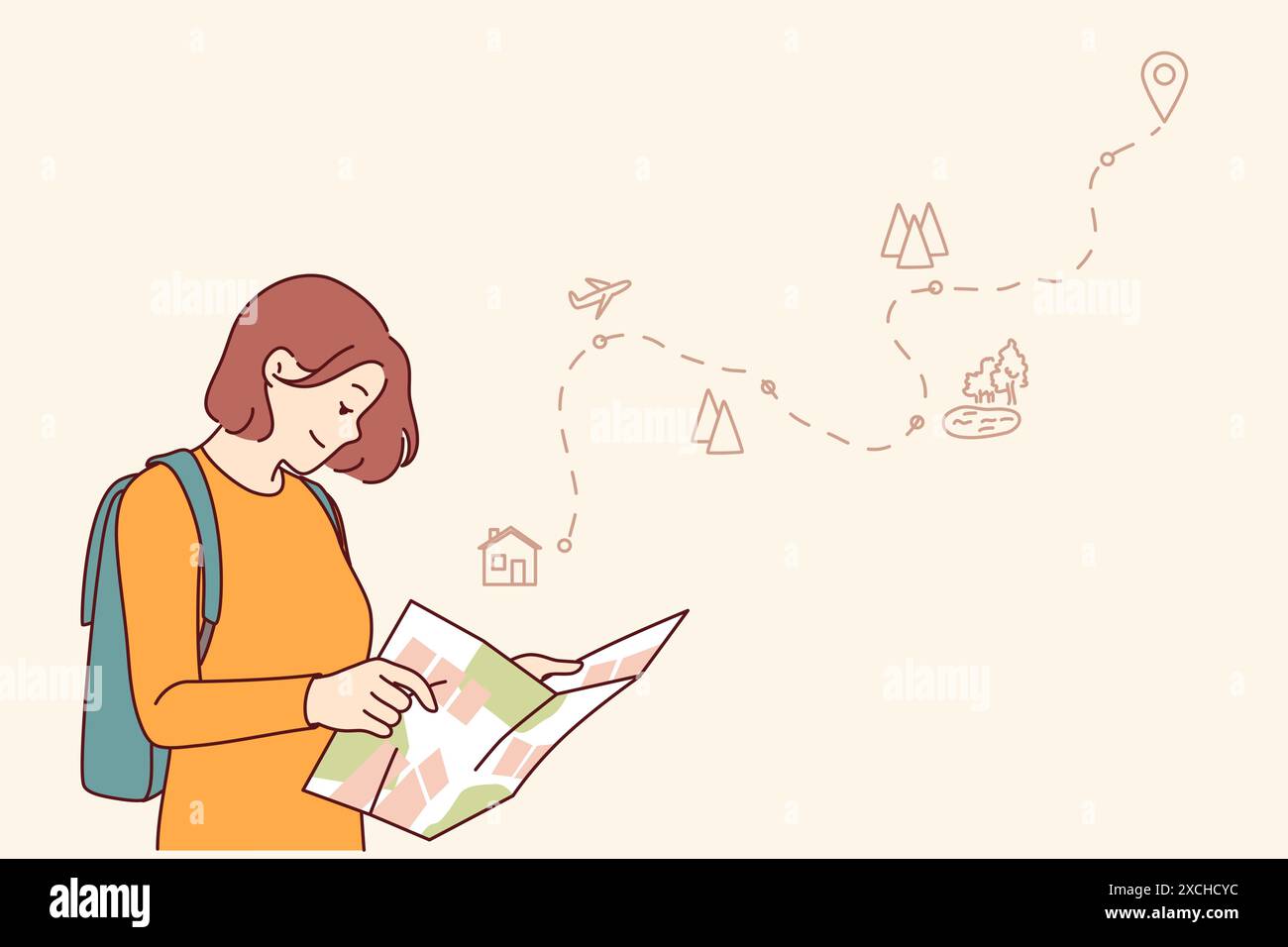 Woman tourist uses paper map to travel through nature reserves and plot ...