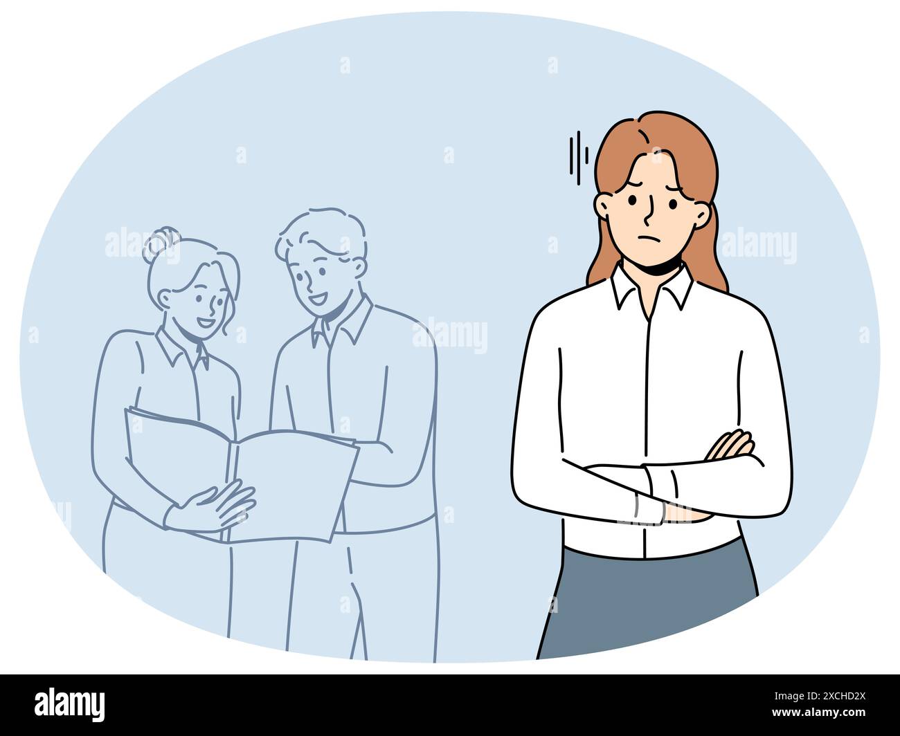 Unhappy female employee worry about colleagues talking in background ...