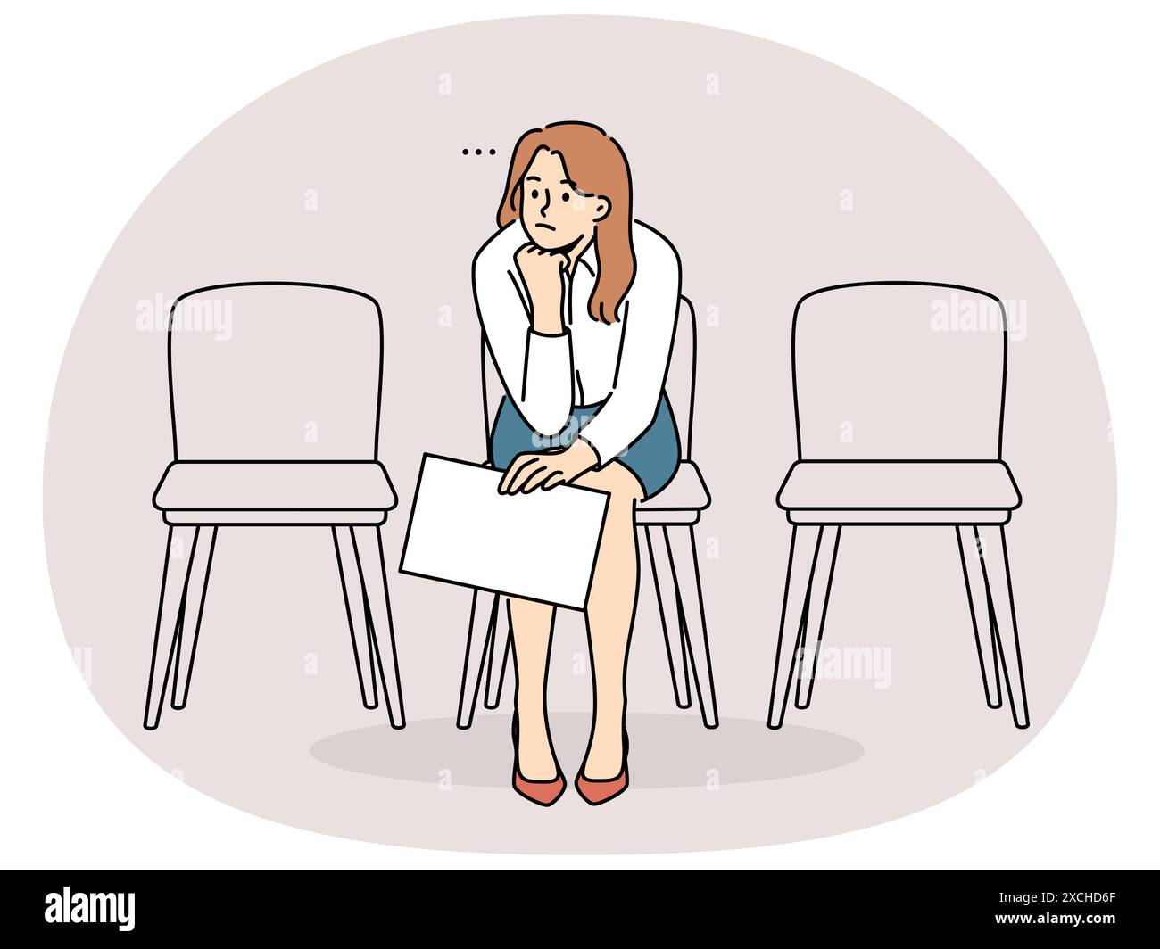 Bored businesswoman with document in hands sitting on chair in hallway ...