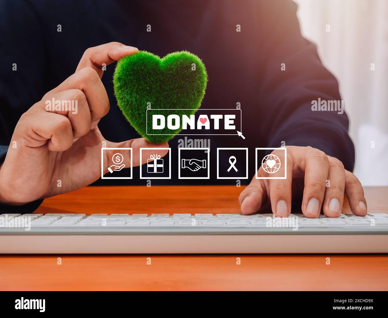 Donation online concept. Text "Donate" with clicking arrow with charity and fundraising icons ...