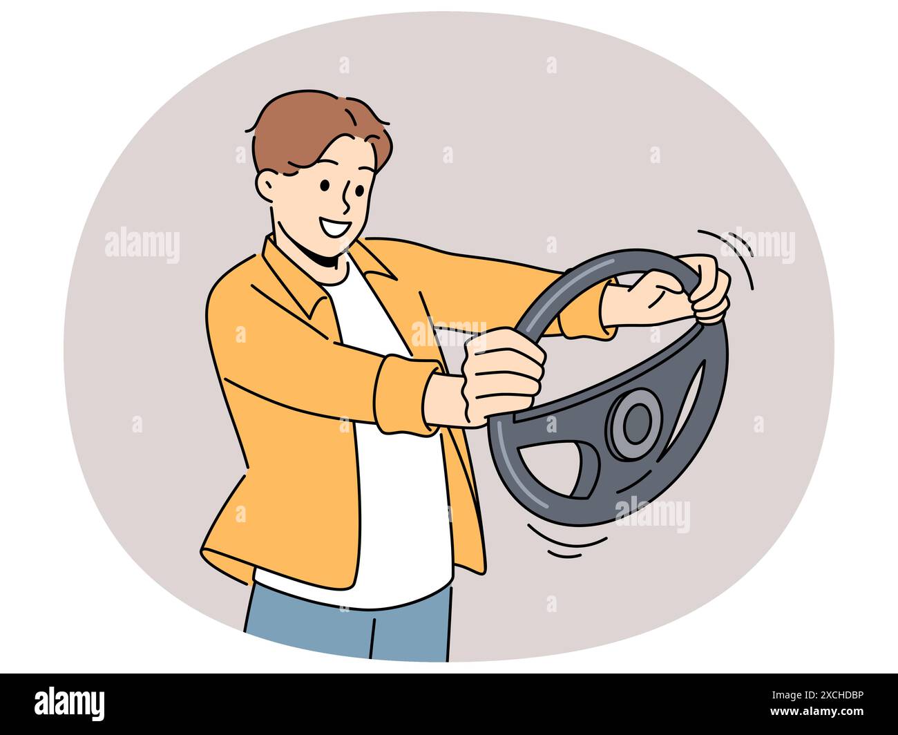 Smiling man with steering wheel in hands learn driving. Happy guy with ...