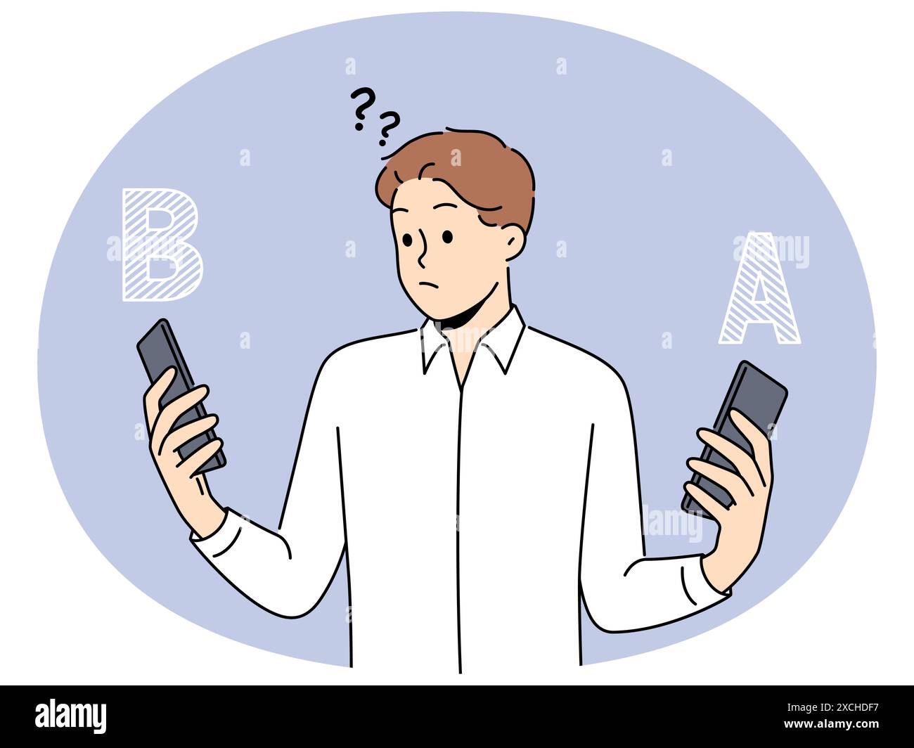 Confused man choose between different cellphones models. Frustrated ...