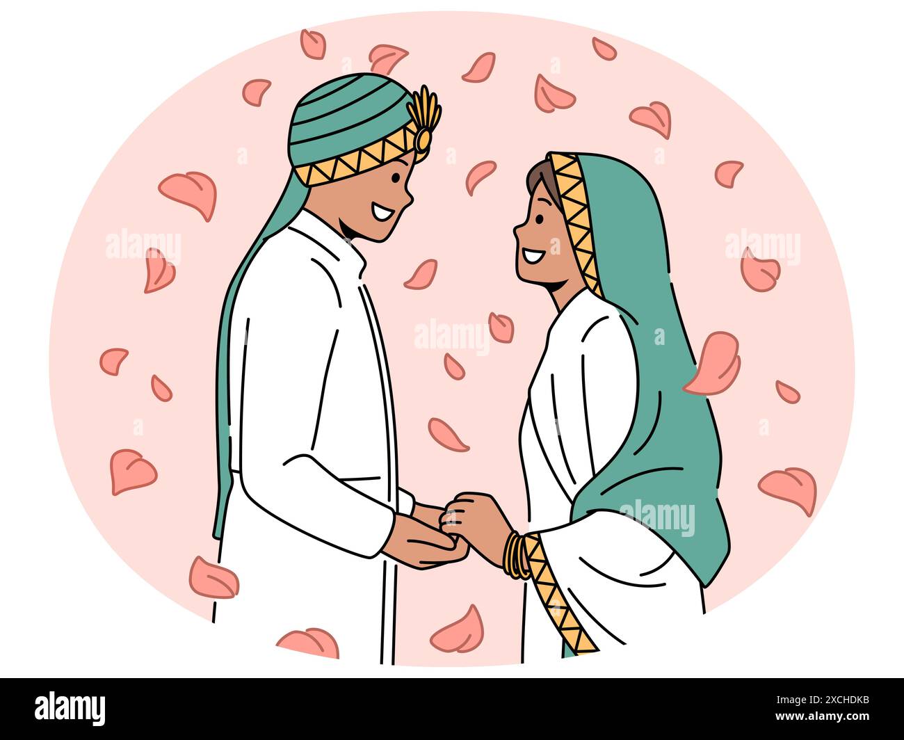 Smiling Arabic man and woman in traditional wedding costumes enjoy ...