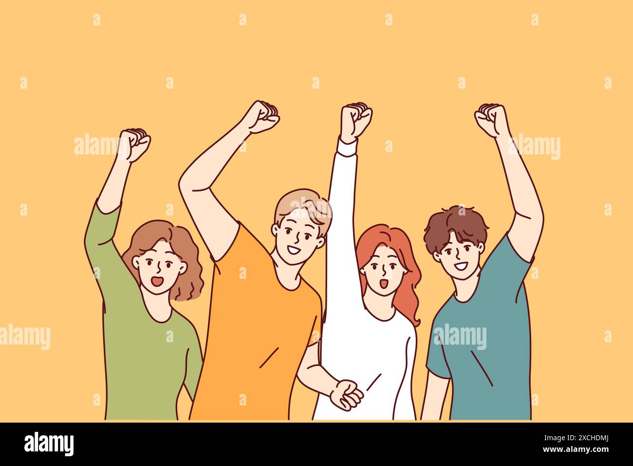 Community of joyful people celebrates victory by raising hands and ...
