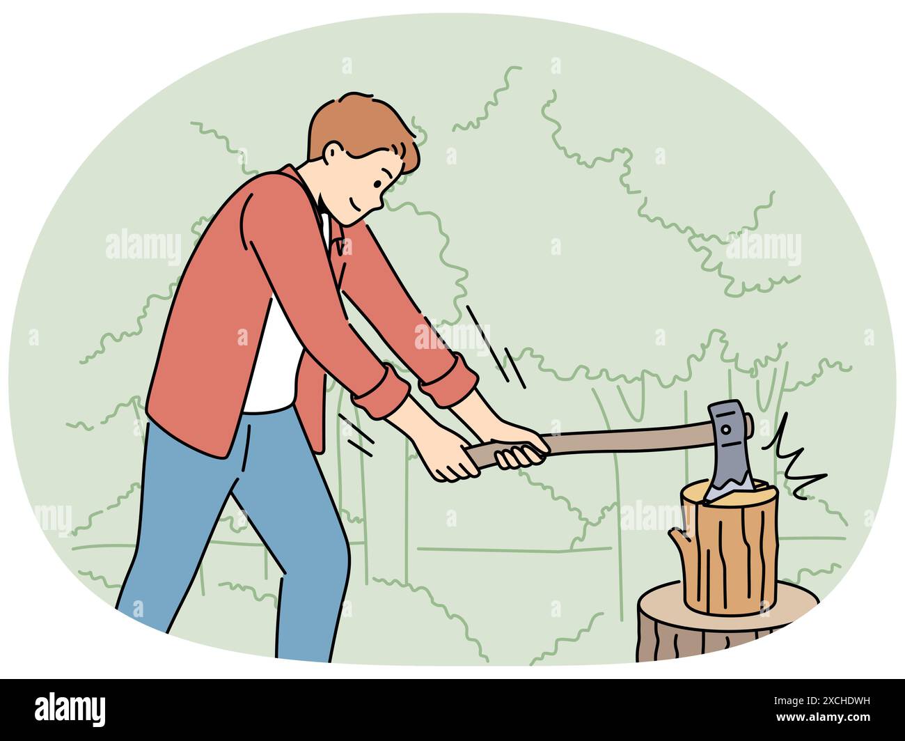 Strong man cutting wood with axe in forest. Guy splitting wood logs in ...