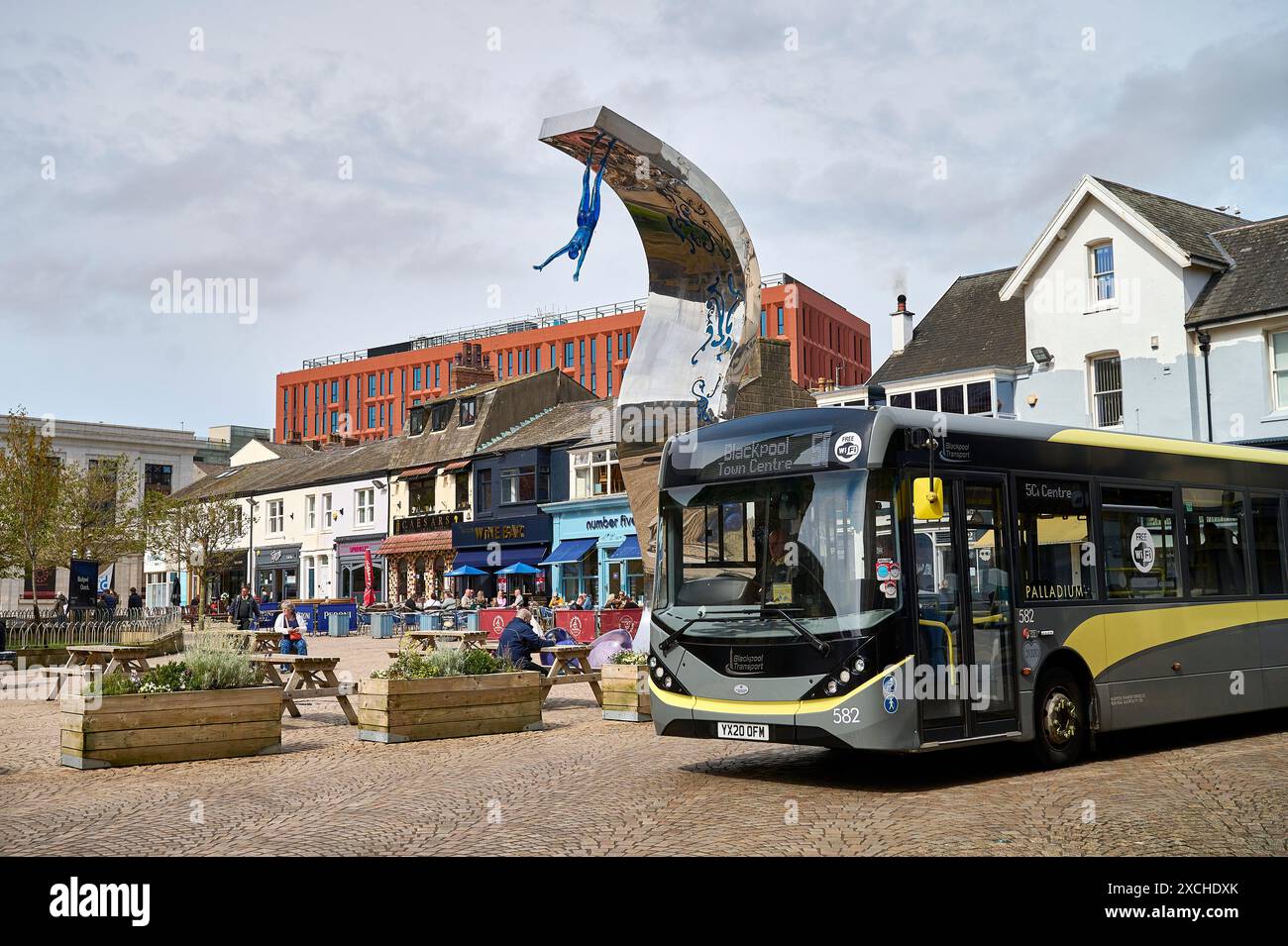 Bus driving through Cedar Square,Blackpool Stock Photo - Alamy