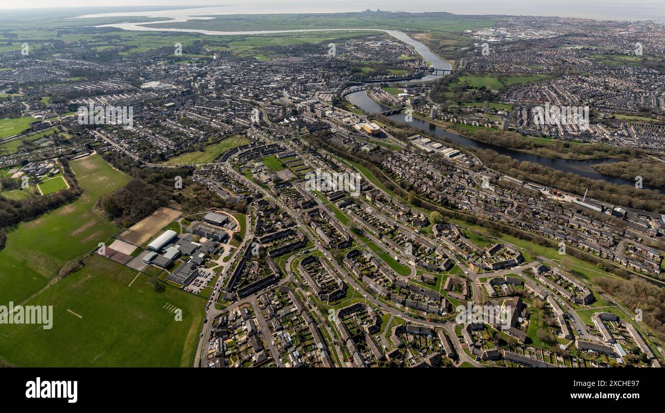 Aerial photo of Lancaster from 1500 feet with River Lune flowing toward ...
