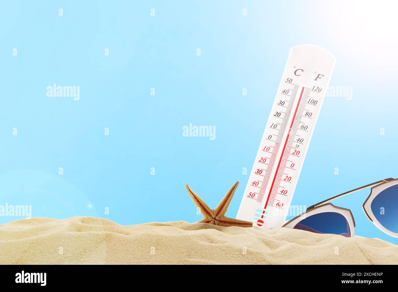 Thermometer Showing High Summer Temperature on Sandy Beach Stock Photo ...