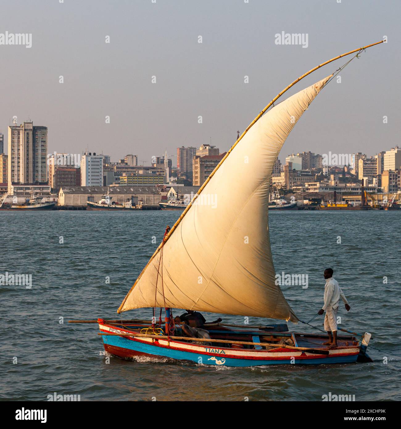 Mozambique, Maputo, Maputo Cidade, Catembe, Lateen sail with Maputo ...