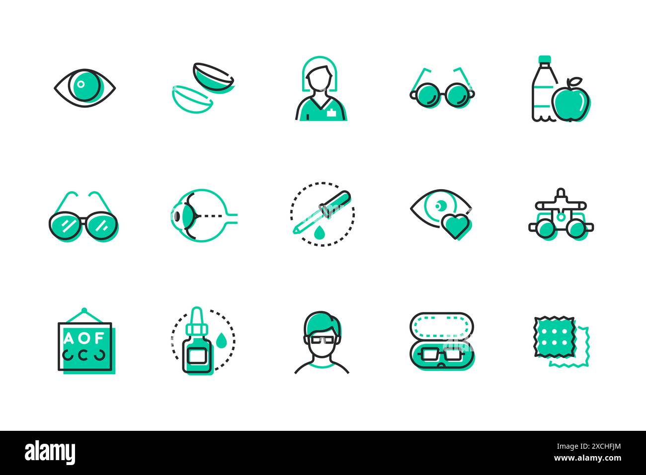 Eye examination by an ophthalmologist - set of line design style icons ...